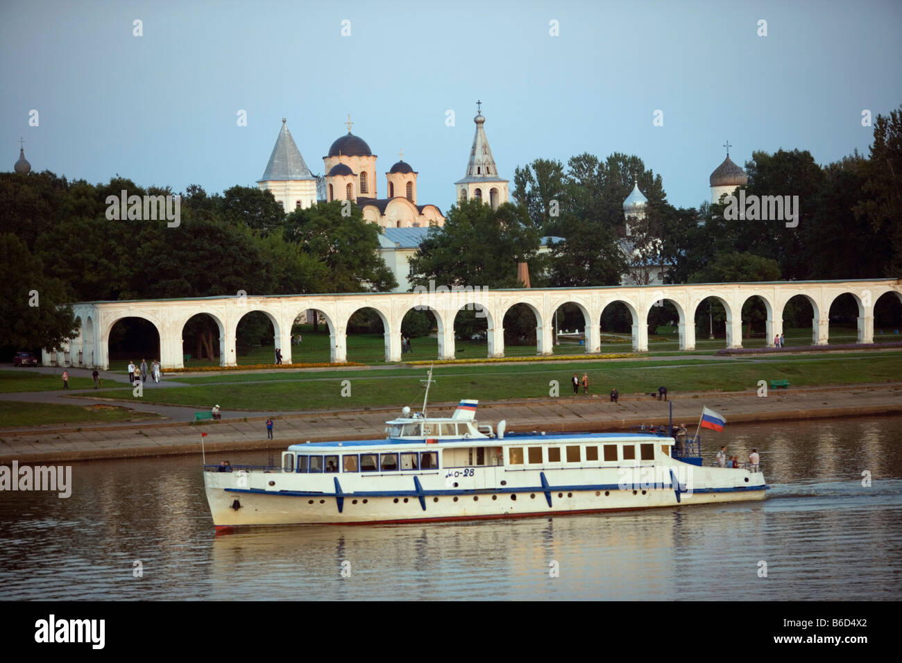 Russia, Novgorod, Volkhov river. Tourist boat. Background: Yaroslav's ...