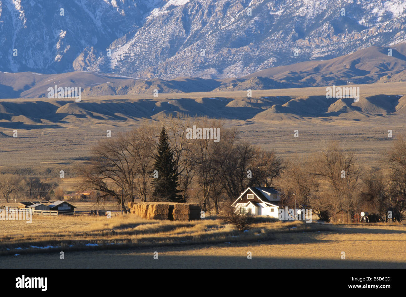 Ranch house and the Beartooth Mountains near Red Lodge Montana USA ...