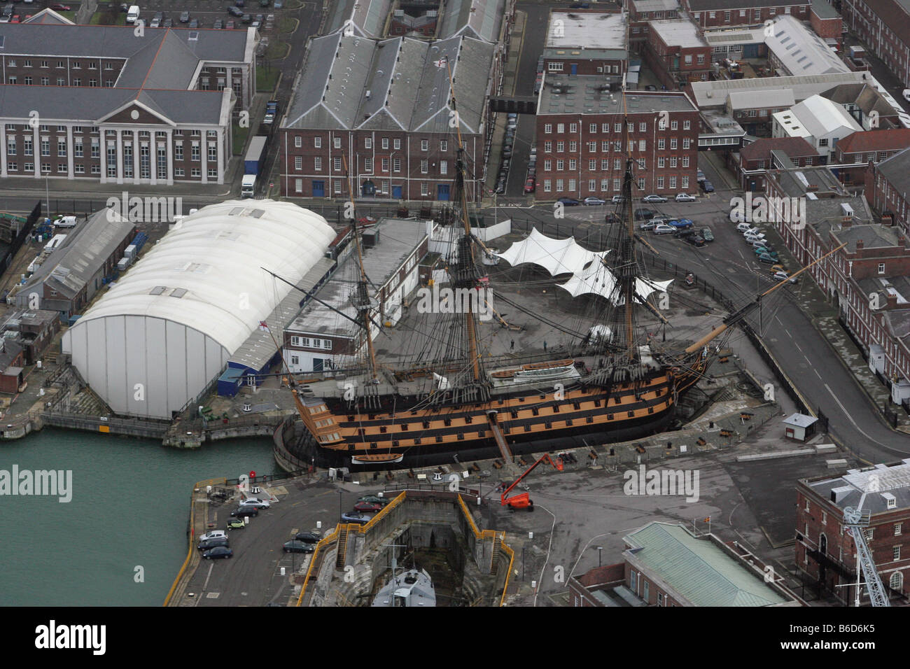 Aerial photograph of HMS Victory in dry dock at Portsmouth Historic ...