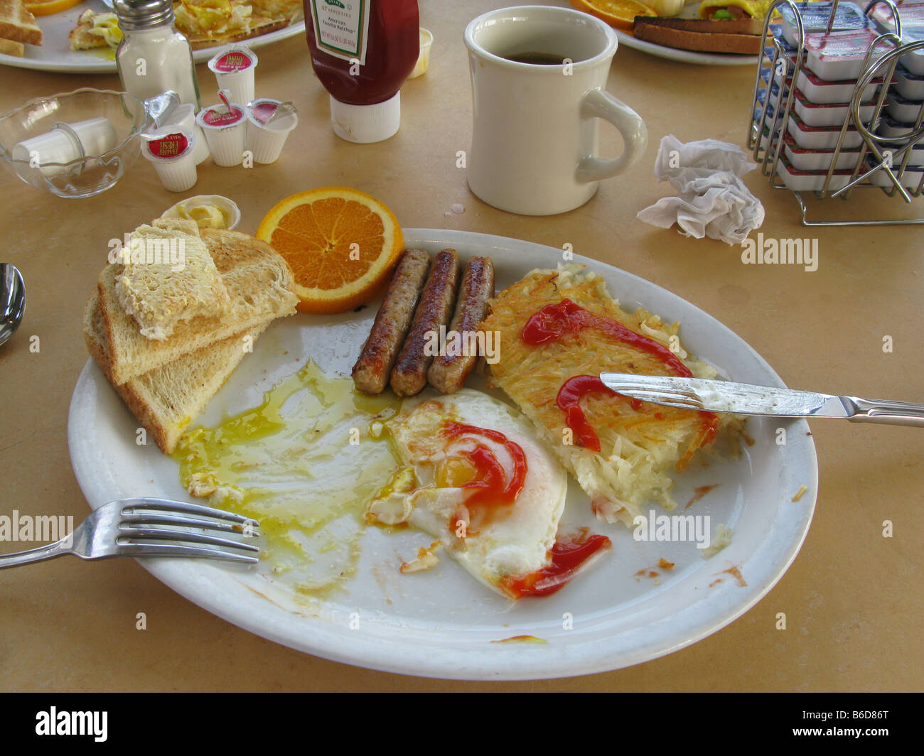 Breakfast food coffee american fried egg sausage hi-res stock ...