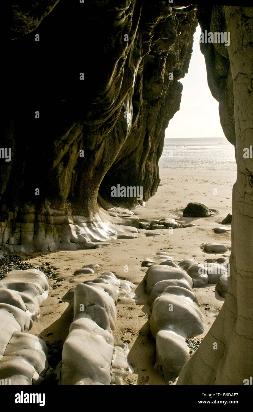 Inside a limestone cave on the beach of Pendine in Carmarthenshire West ...