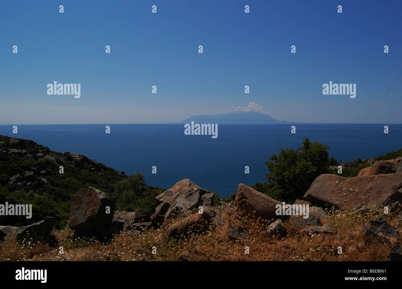 Greek seascape with Samothraki Island in the distance Stock Photo - Alamy