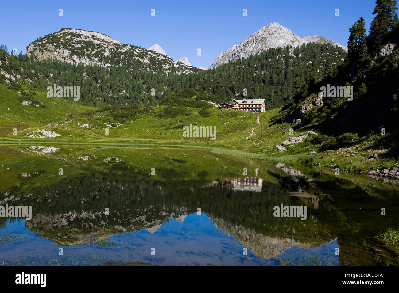 Funtenseehuette alpine lodge at lake Funtensee near Koenigsee ...