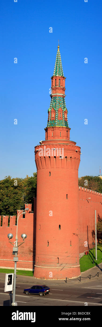 Red brick tower and wall of Moscow Kremlin, City architecture, view ...