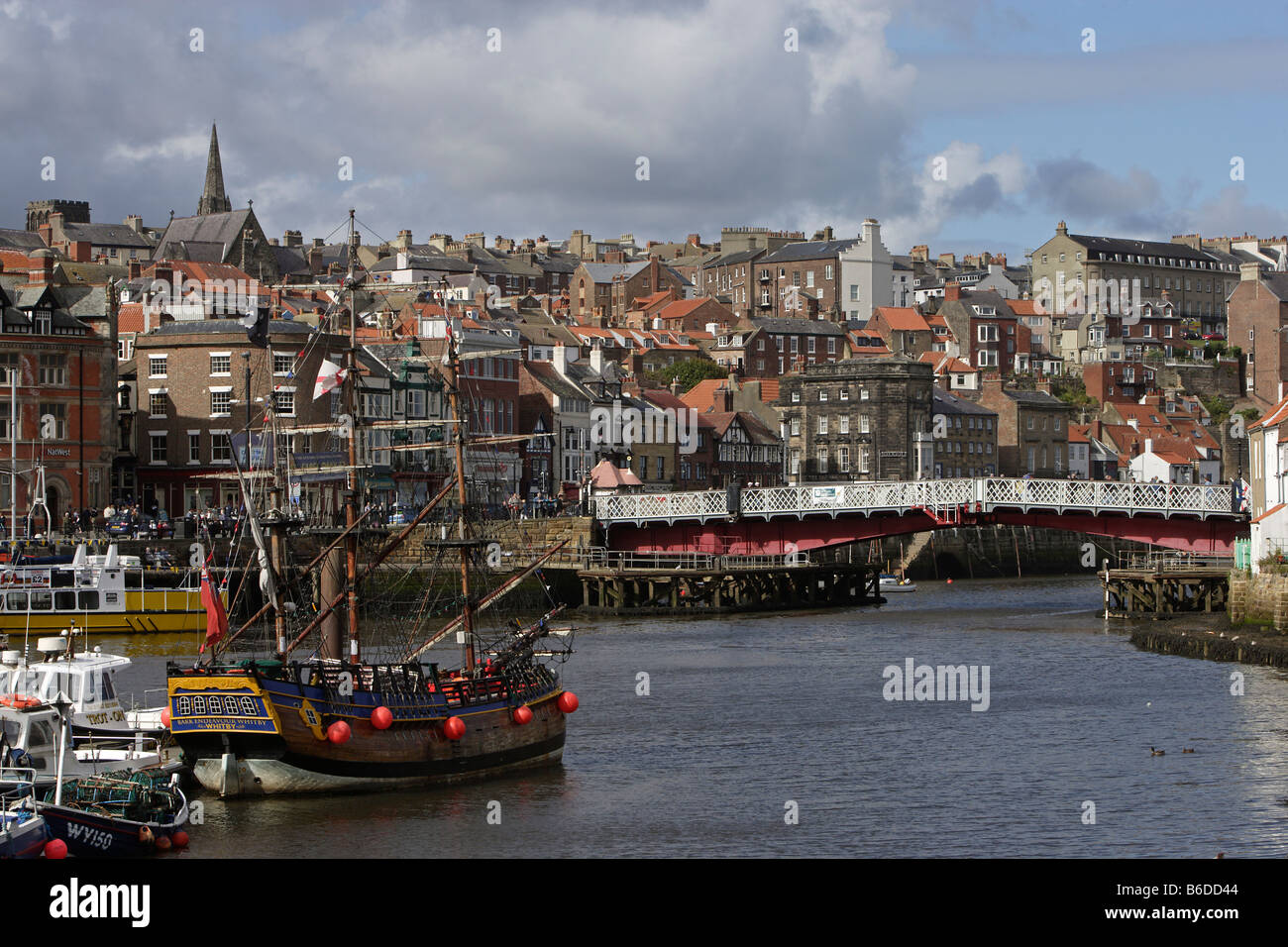 Whitby harbour waterfront quays boats North Yorkshire UK Great Britain ...