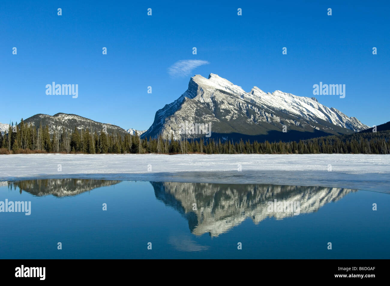 Reflection of Rocky Mountains in Vermilion Lakes in Banff National Park ...