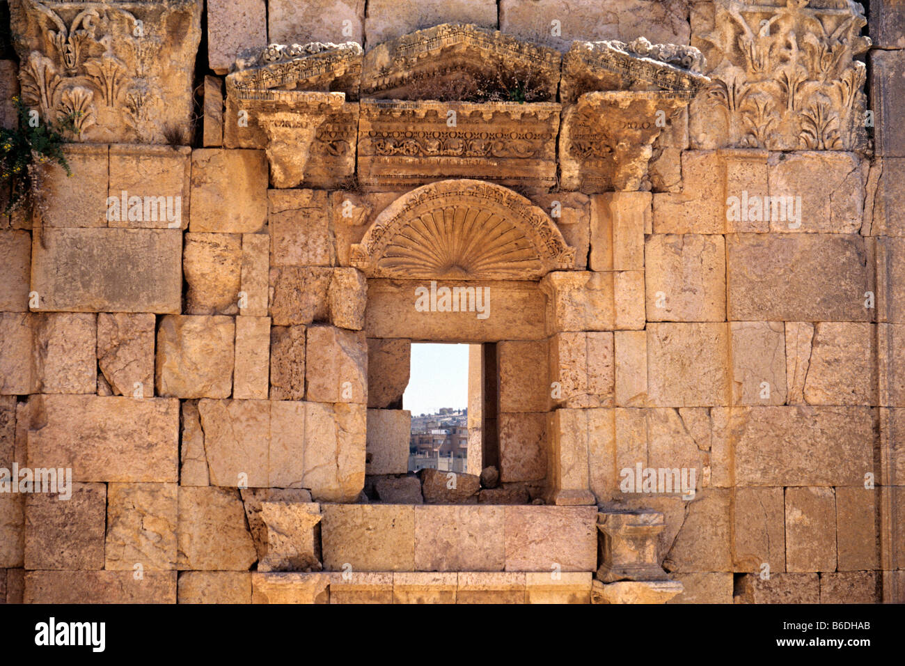 Window in wall of ruined cathedral at the Roman town of Jerash, Jordan ...