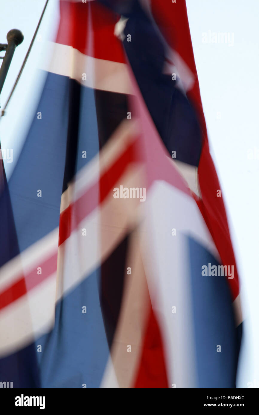 abstract union jack flag flying in wind in sun Stock Photo - Alamy