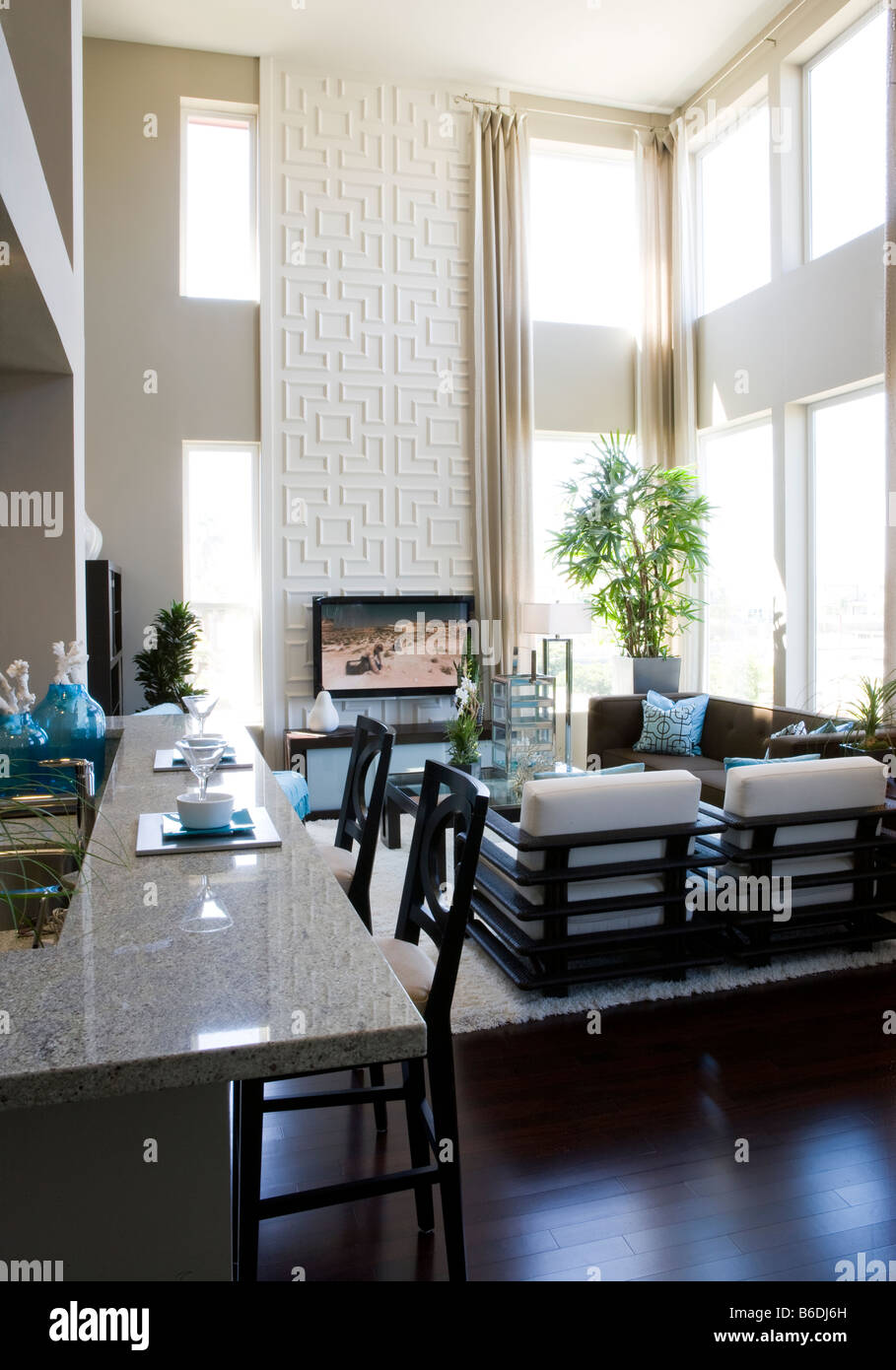 Contemporary loft interior with breakfast bar and living room Stock ...