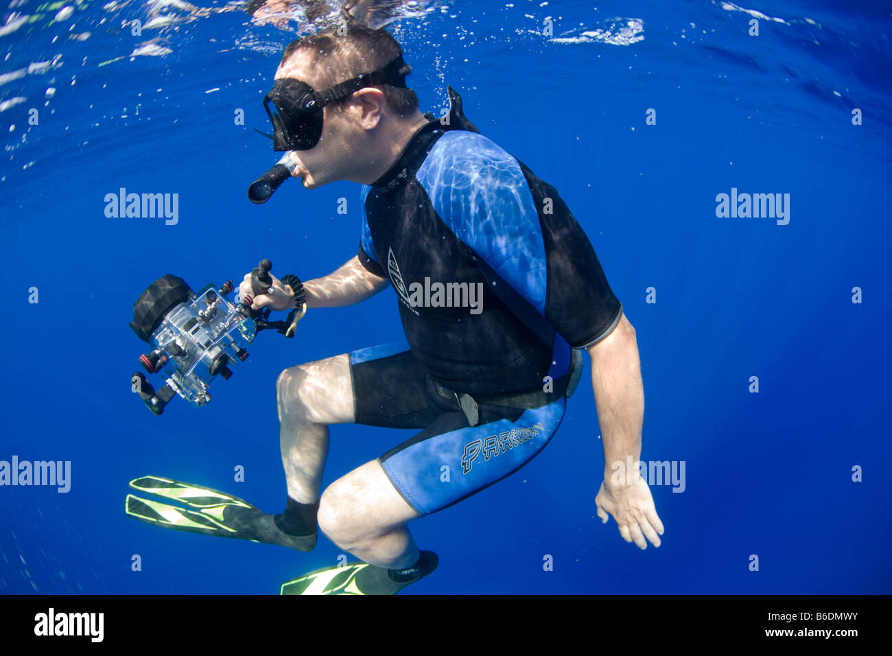 USA Hawaii Big Island Photographer paddles with underwater camera in ...