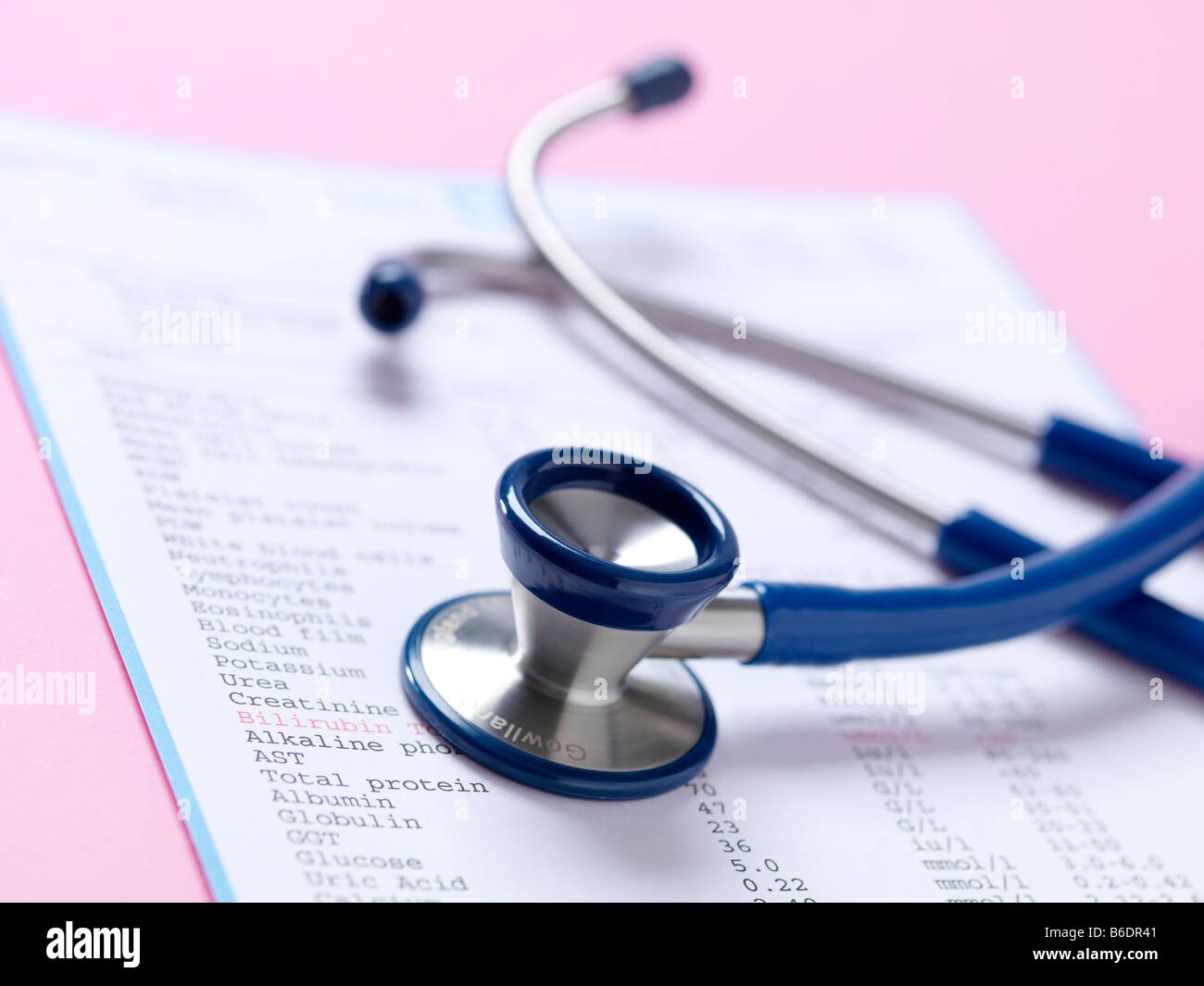 Stethoscope and blood test results Stock Photo - Alamy