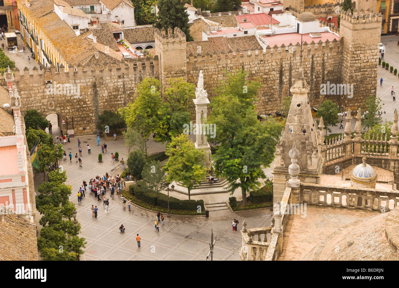 Seville Seville Province Spain Aerial view over cathedral roof to Plaza ...