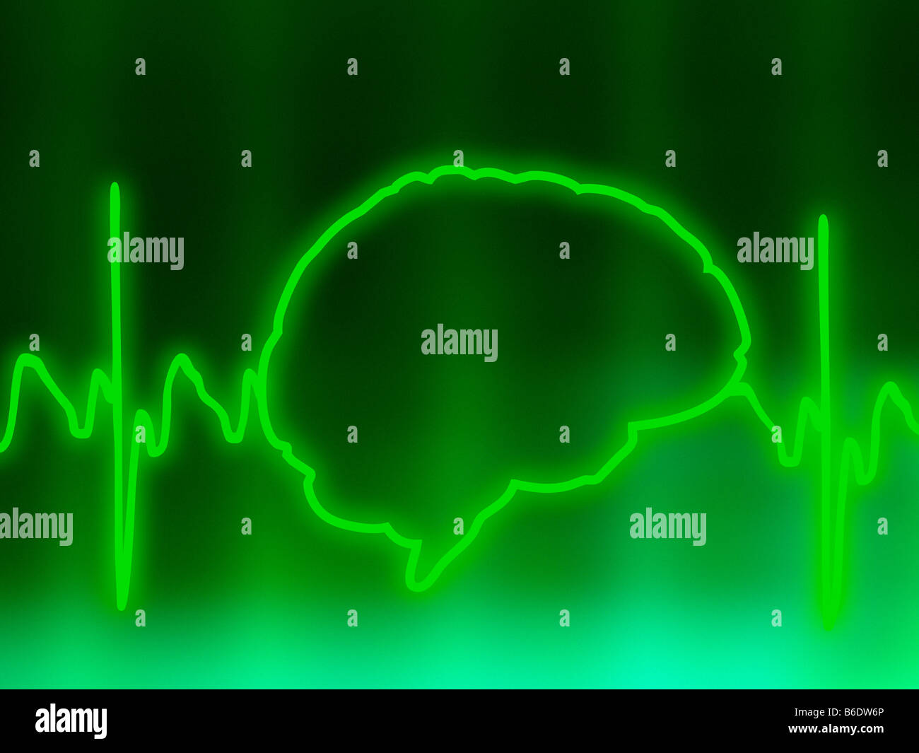 ECG and brain. Computer artwork of an electrocardiogram (ECG) showing a ...