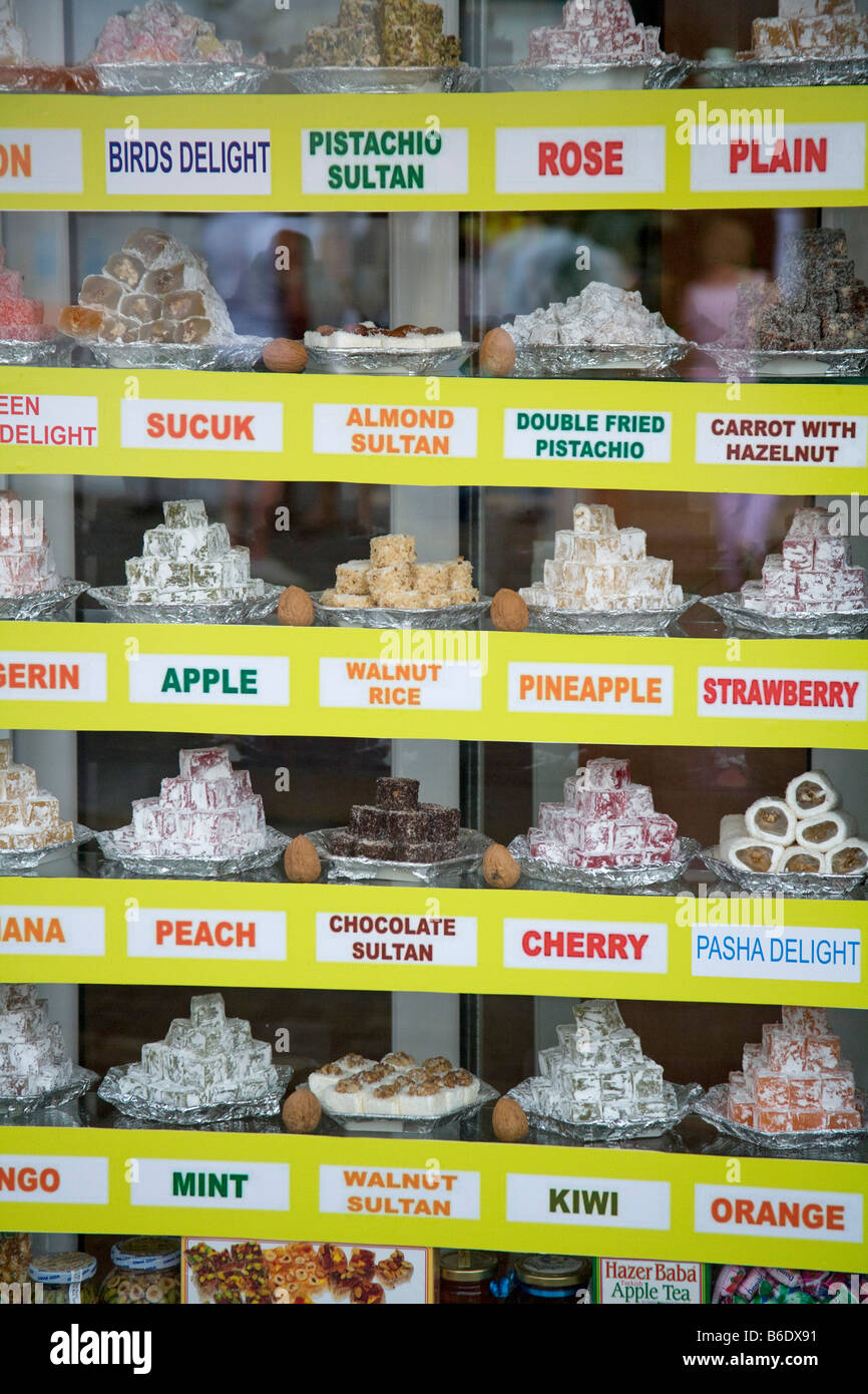 Window display of different flavored Turkish delight in Northern Cyprus ...