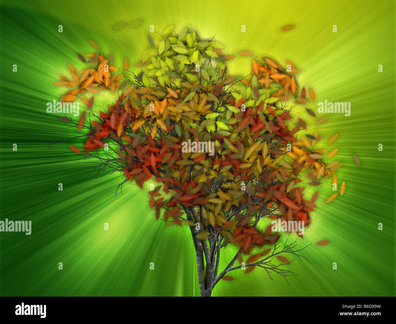 Autumn tree with falling leaves abstract rendered illustration Stock ...