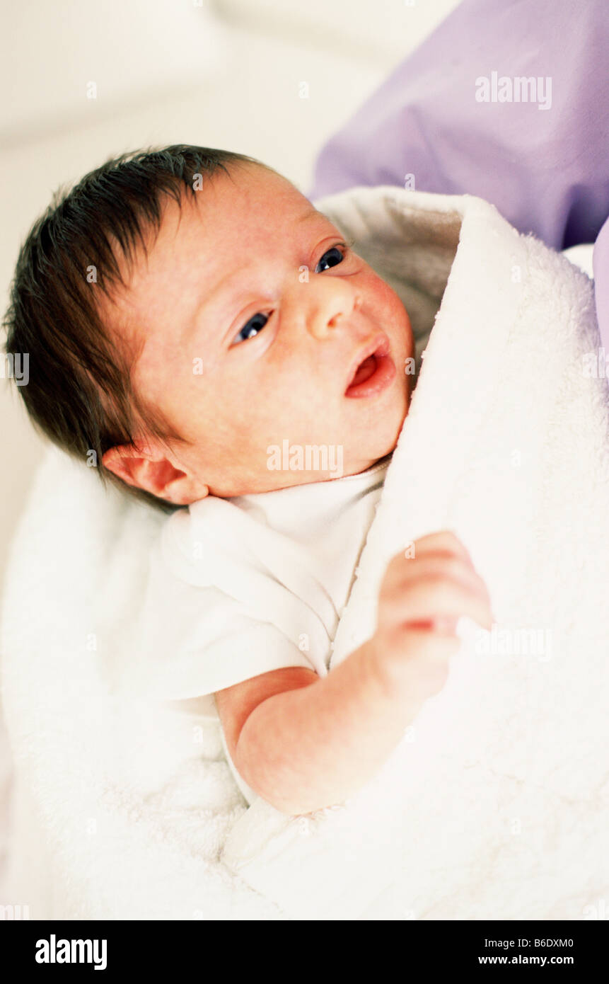 Newborn baby. Two week old baby boy wrapped in a blanket Stock Photo ...
