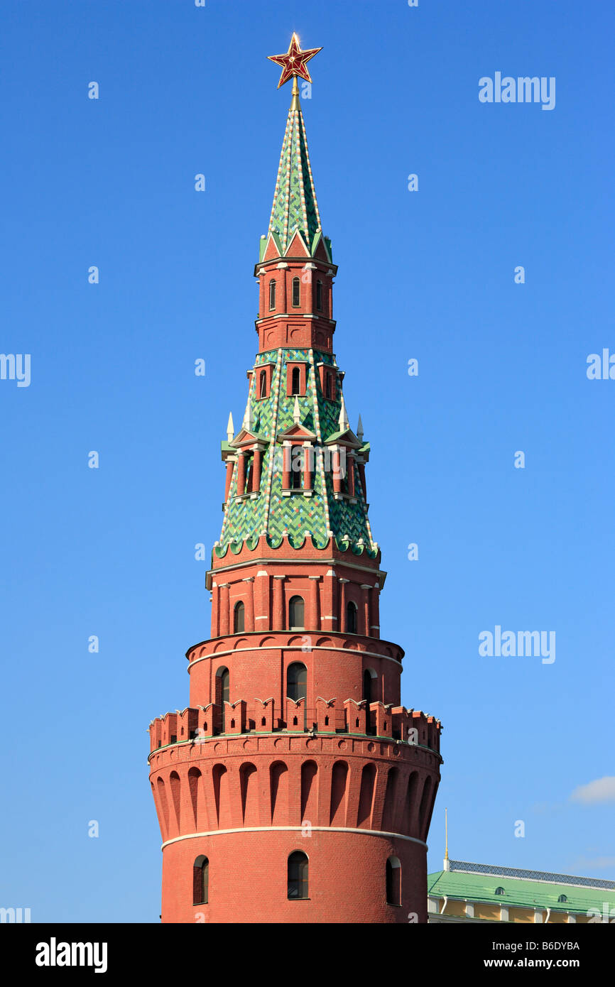 Red brick tower and wall of Moscow Kremlin, City architecture, view ...
