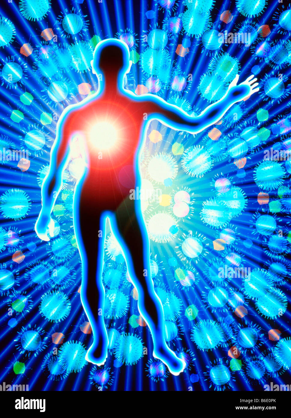 Human figure with viruses. Computer graphic showing a silhouette of a ...