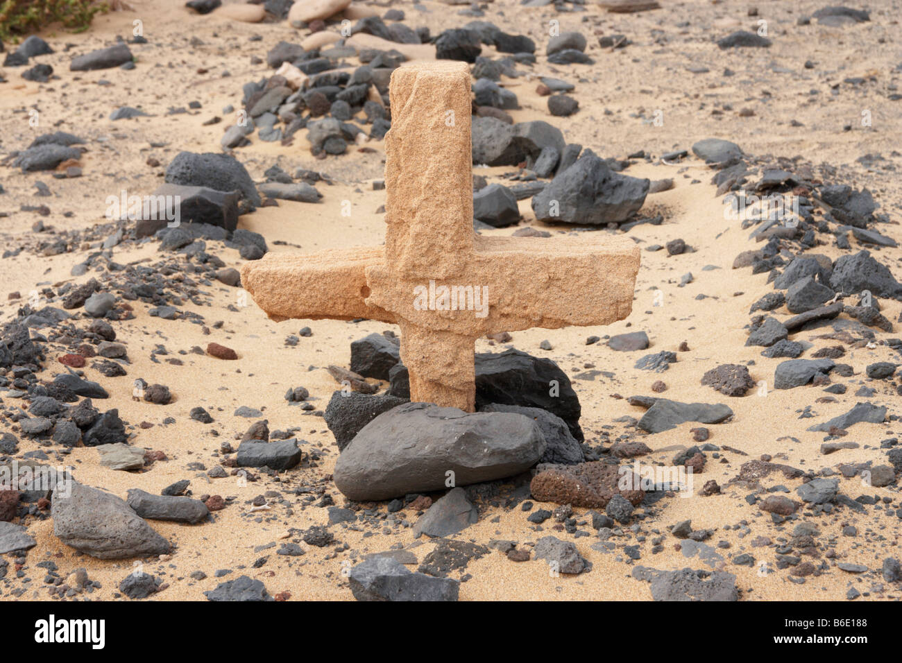 Sandstone headstone in cemetary on Cofete beach on the undeveloped ...