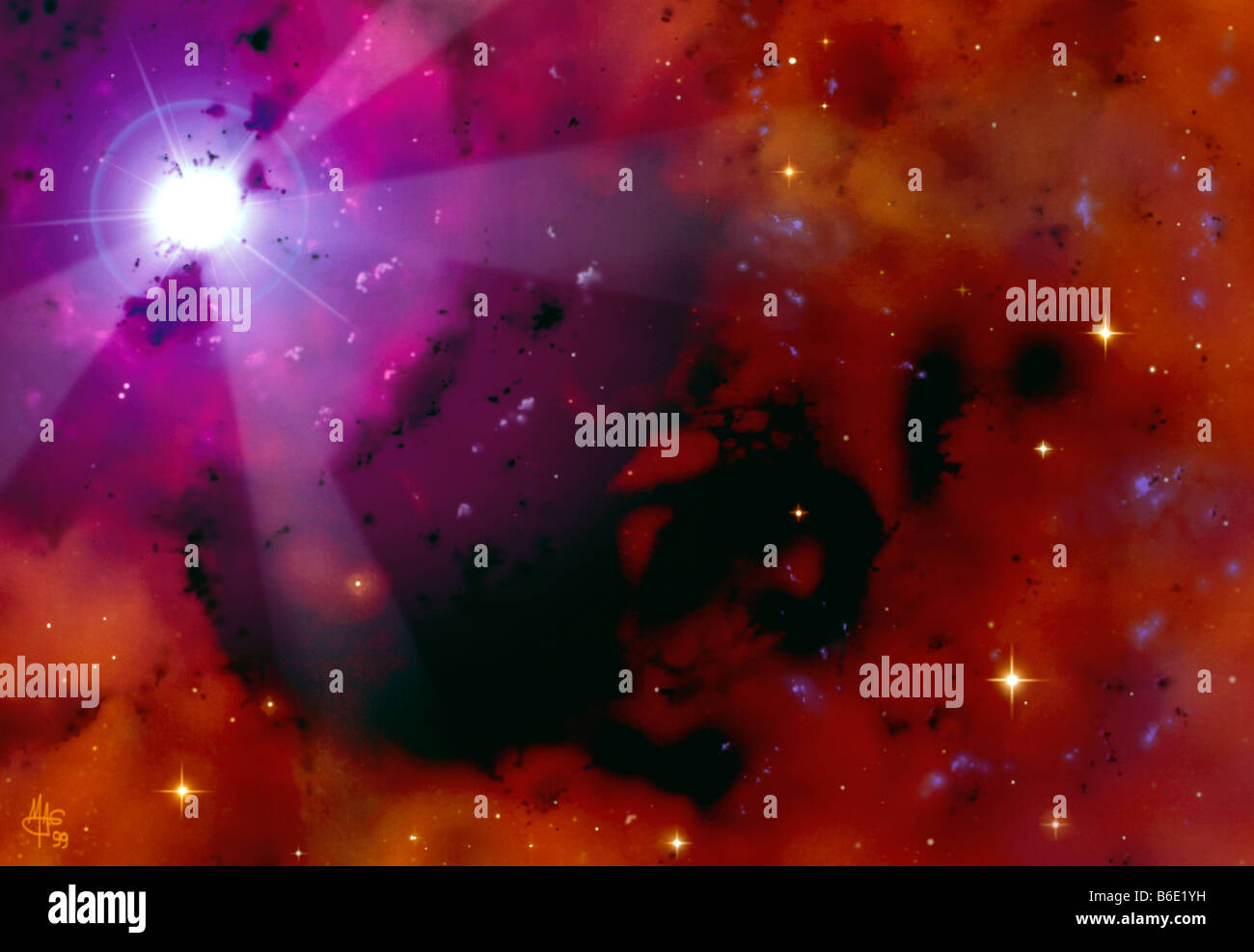 Computer illustration of a new born star (upper left) shining through ...