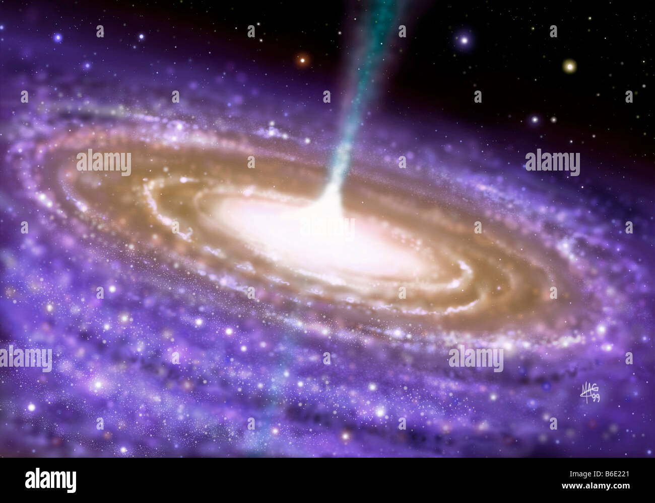 Active galaxy. Artwork of an active spiral galaxy with jets seen ...