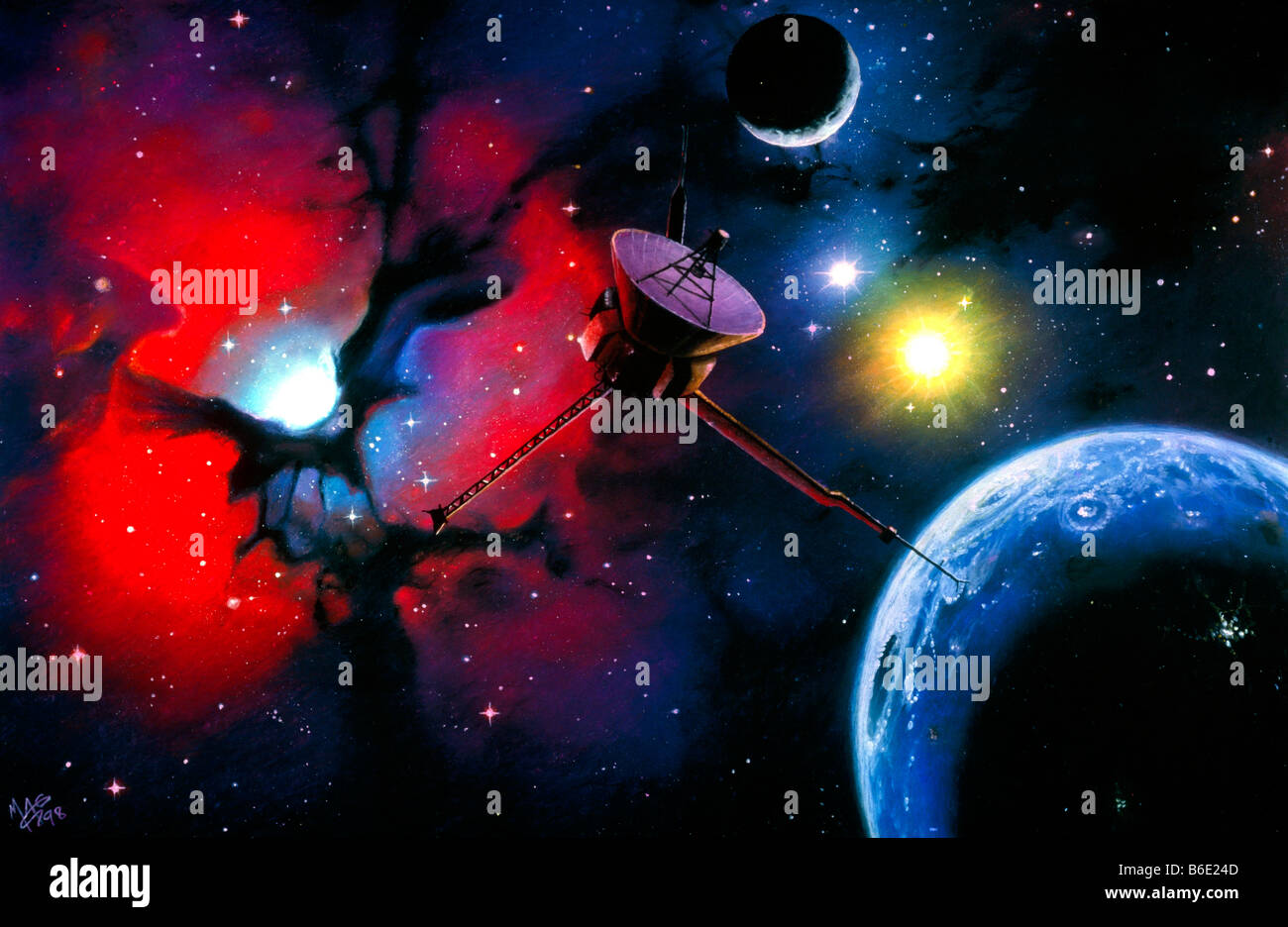 Space probe. Artwork of a space probe approaching an Earth-like planet ...