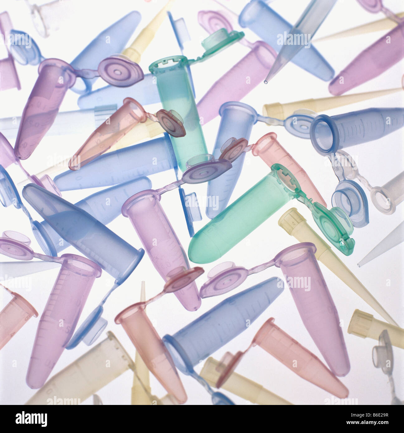 Pipette tips and sample tubes. Assorted disposable plastic pipette tips ...