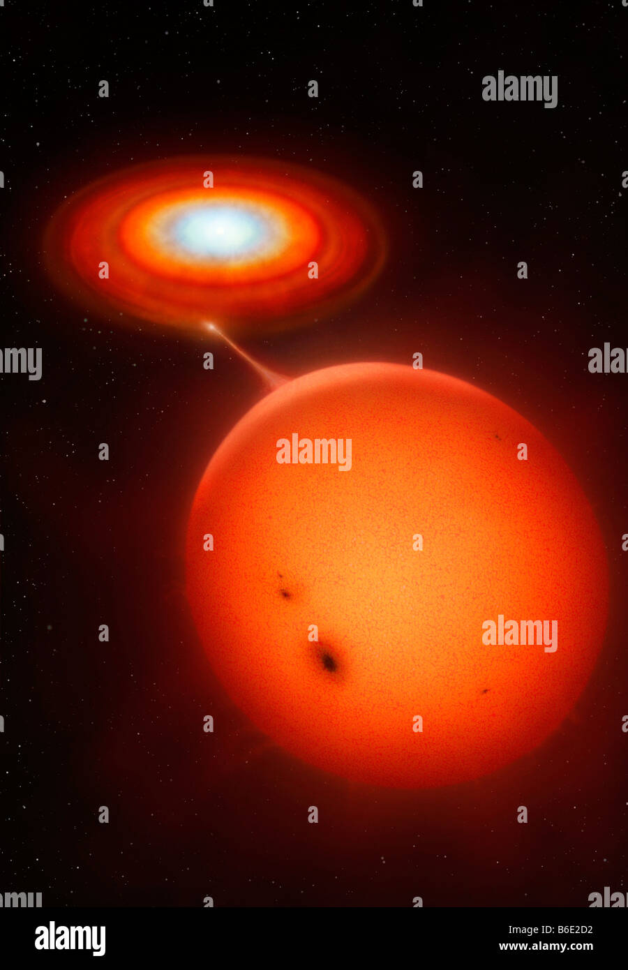 Cataclysmic binary stars. Artwork of a red dwarf(orange, lower right) orbiting around a ...
