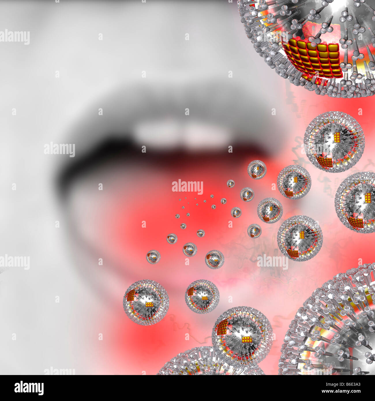Woman releasing influenza virus particles from mouth while coughing ...
