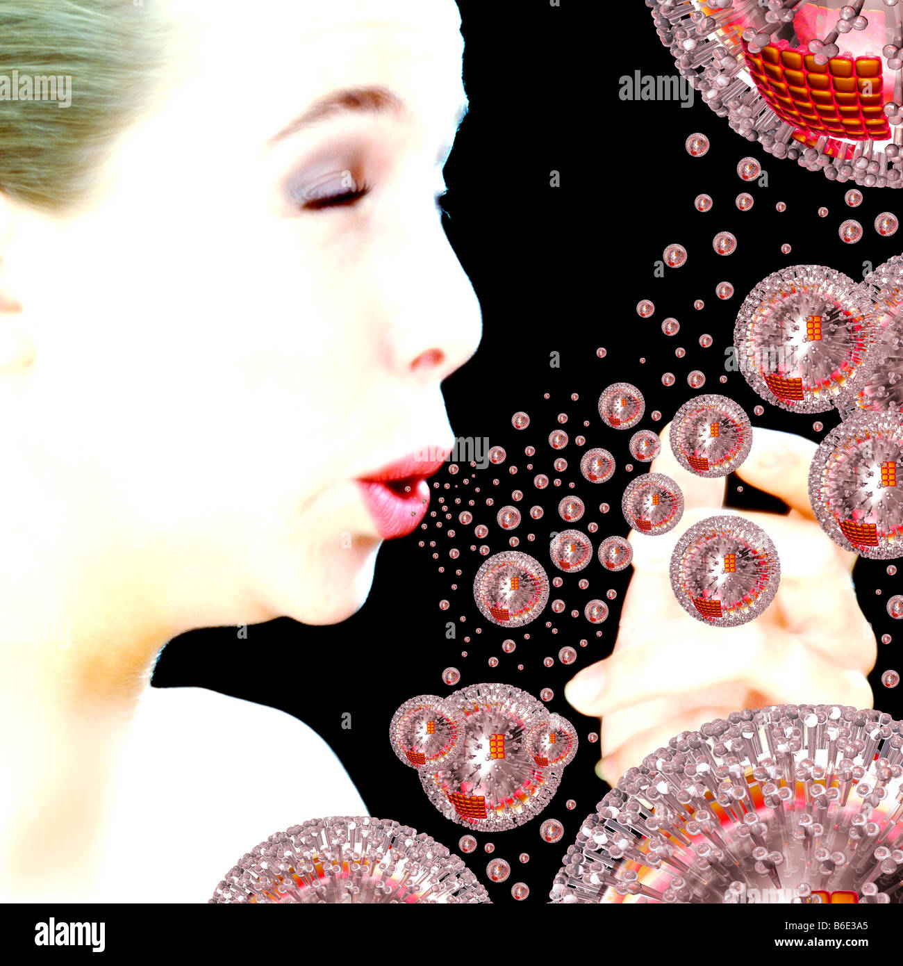 Woman releasing influenza virus particles from mouth while sneezing ...