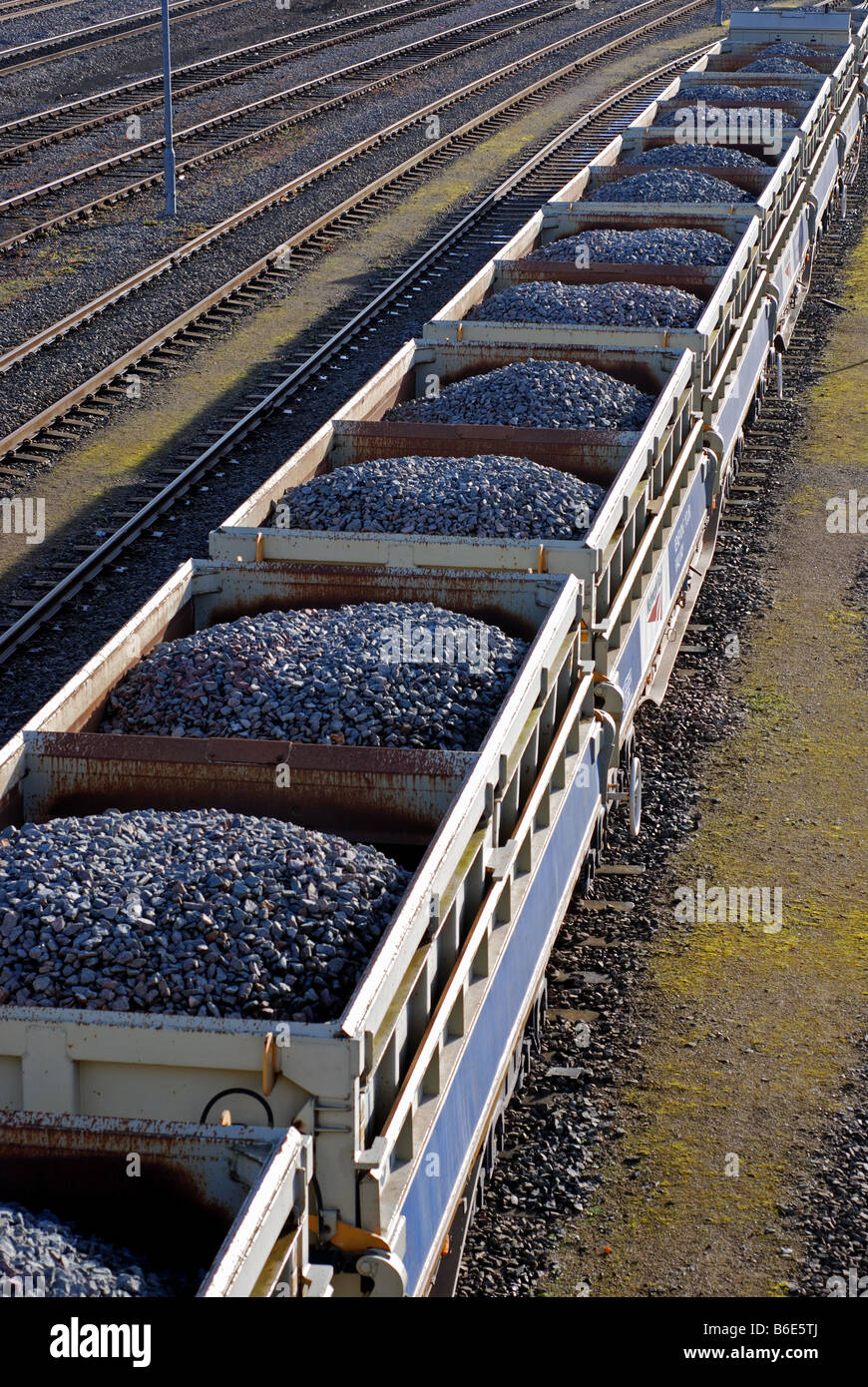 Network Rail loaded ballast wagons at Hinksey Yard, Oxford, England, UK ...