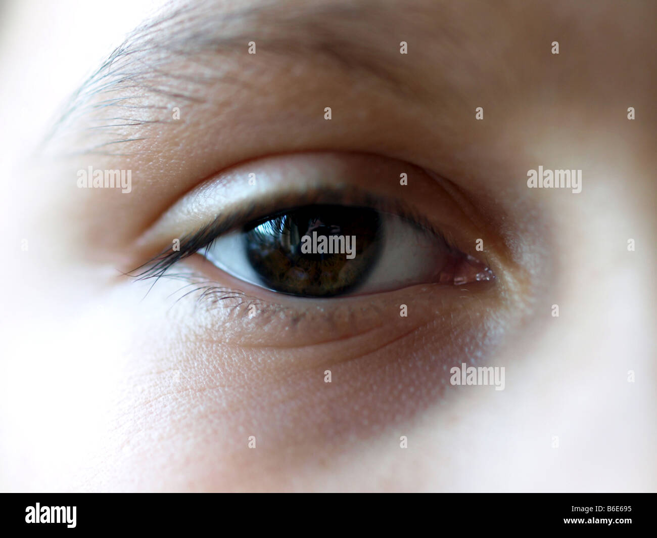 A macro shot of a young girls eye with reflection of photographer in ...