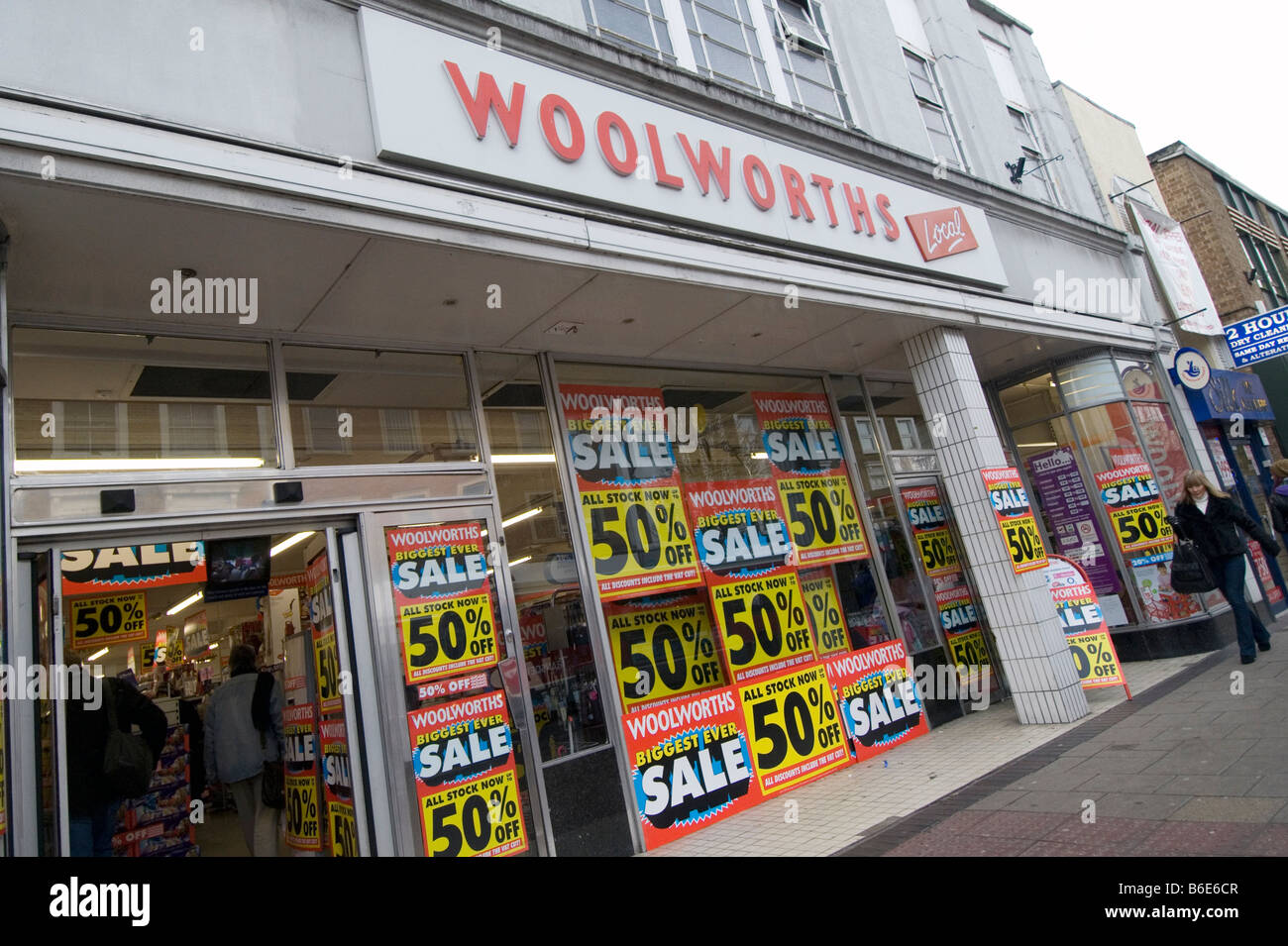 Woolworths Shop Front with 50% Sale Signs Stock Photo - Alamy