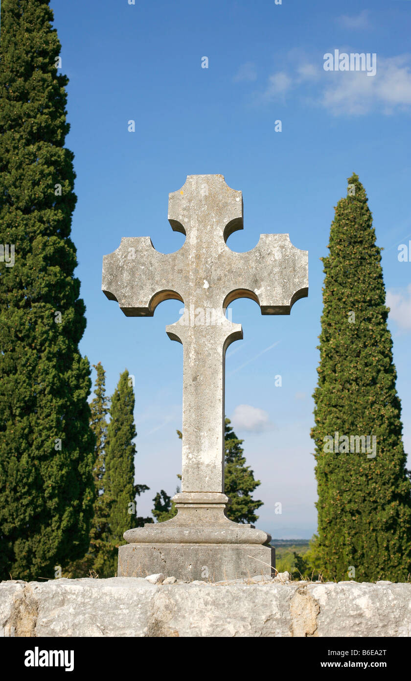 tombstone crosses on blue mediterranean sky with cypresses Stock Photo ...