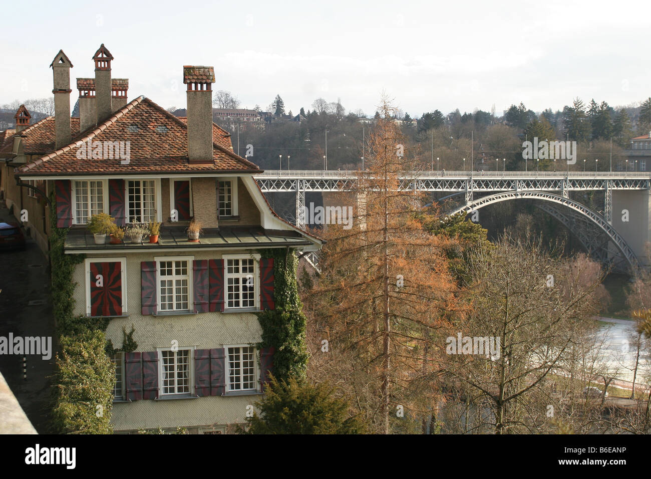 A house in Bern Switzerland with a metal bridge in the background Stock ...