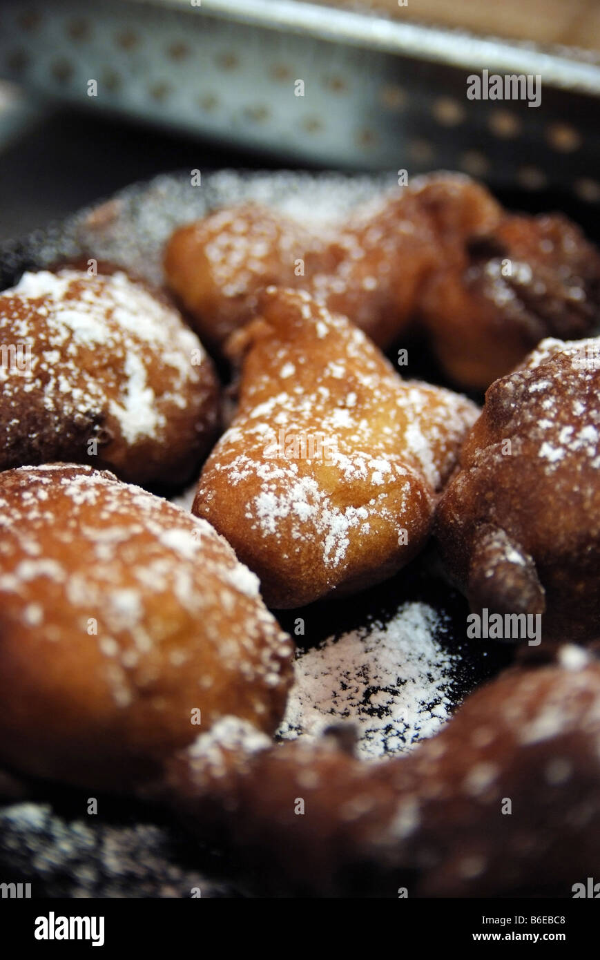 Close up of freshly fried Beignets in a commercial kitchen Stock Photo ...