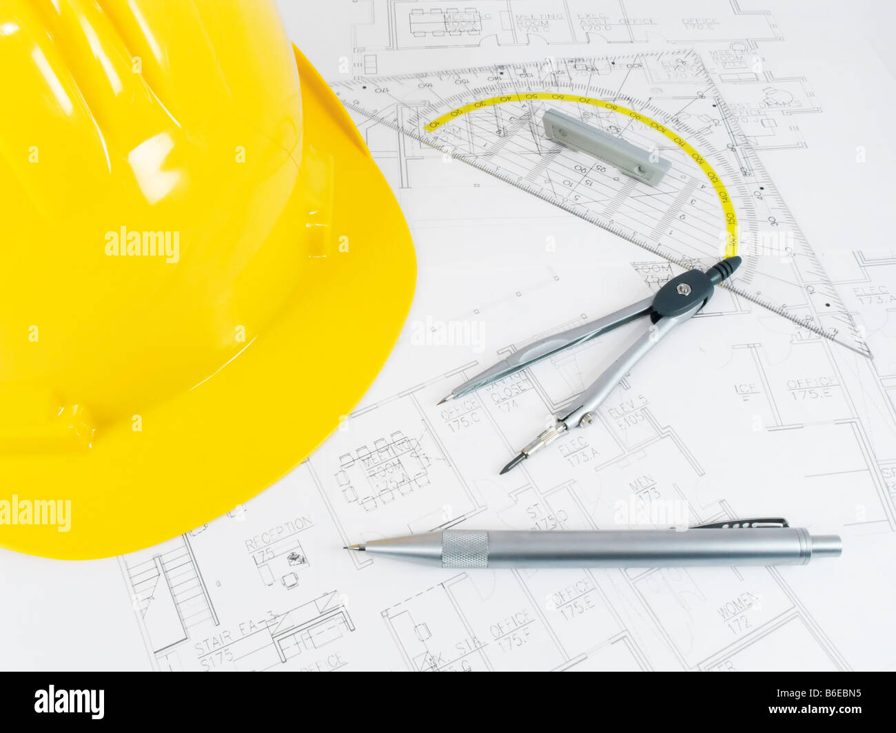 Building projects with architect drawing and protective tools Stock ...