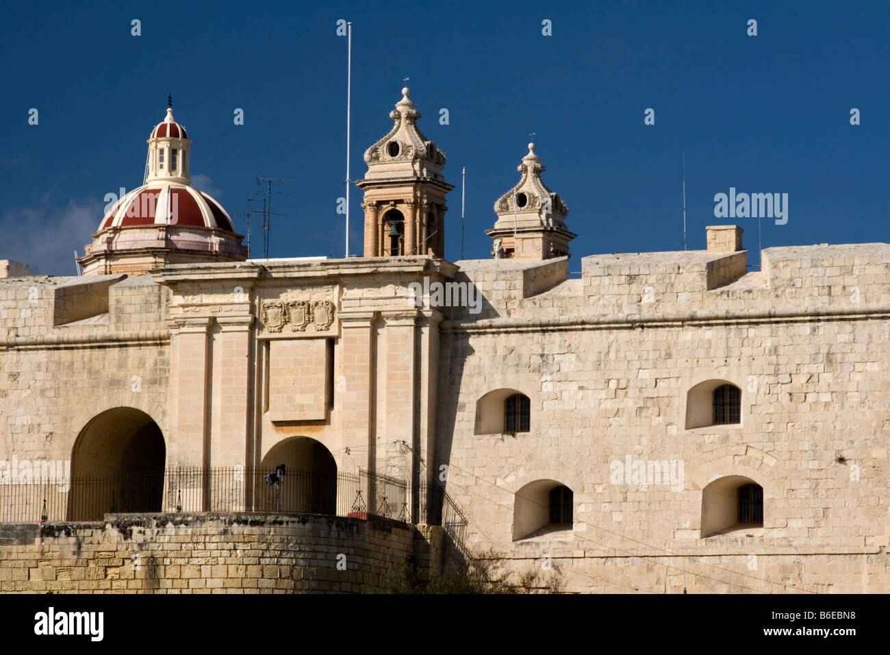 Fortifications and the top parts of the parish church in Senglea, Malta ...