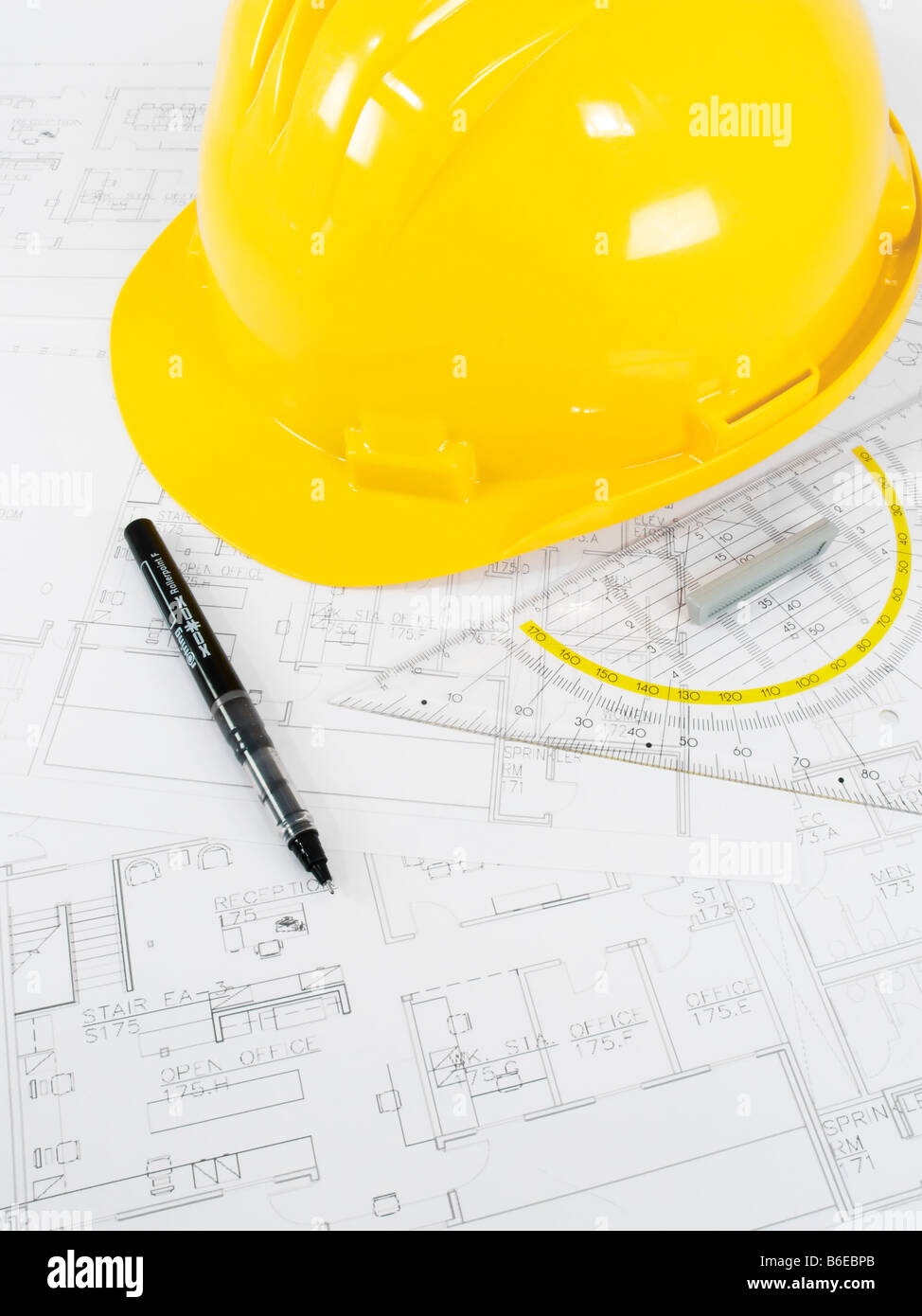 Building projects with architect drawing and protective tools Stock ...