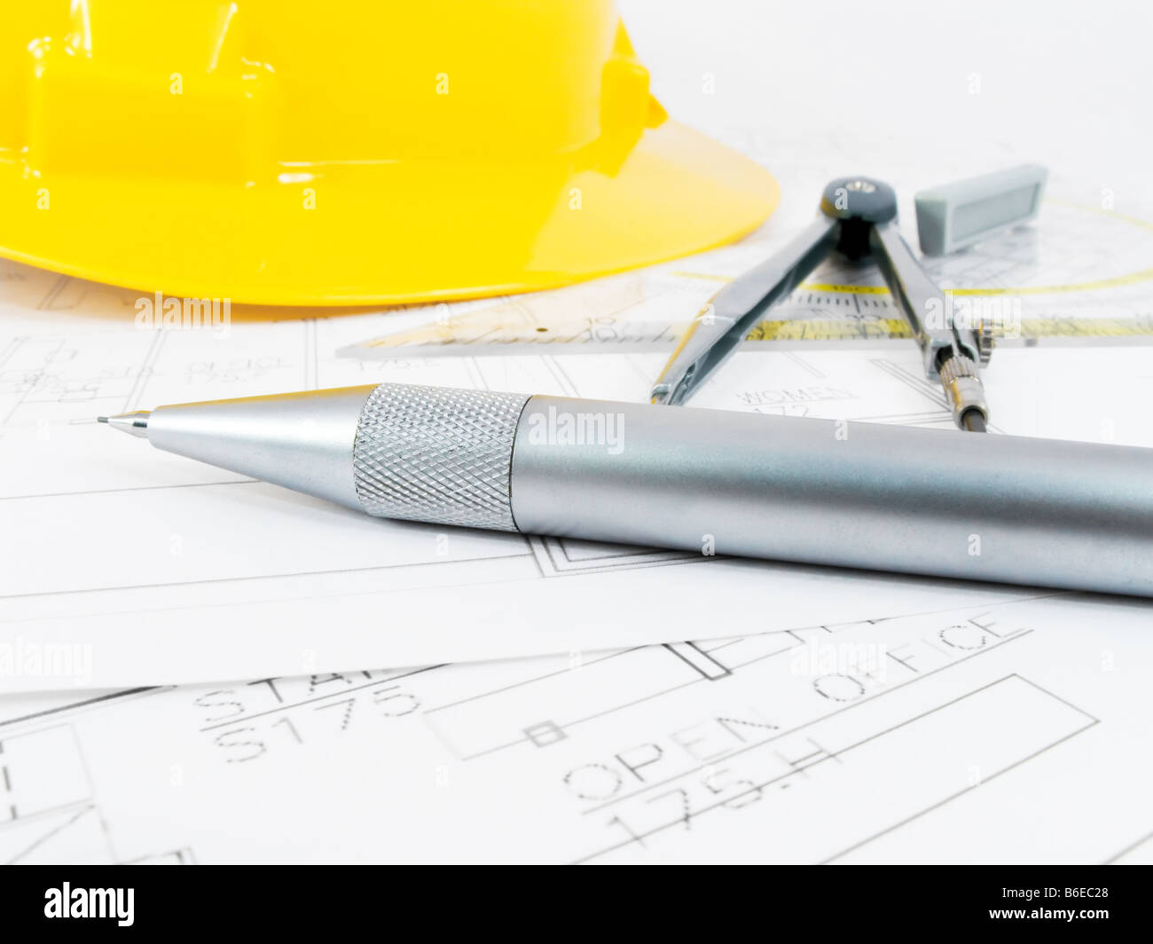 Building projects with architect drawing and protective tools Stock ...