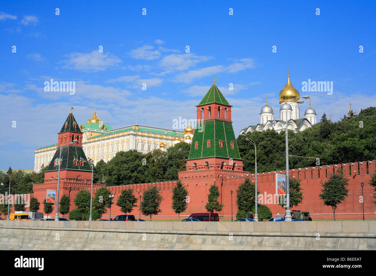 Red brick tower and wall of Moscow Kremlin, City architecture, view ...