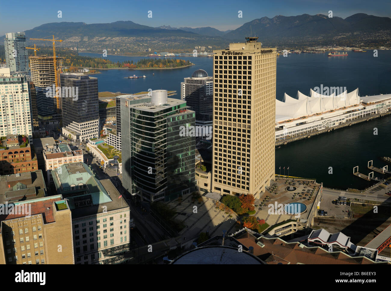 Aerial view of Burrard Inlet and coastal mountains from downtown ...