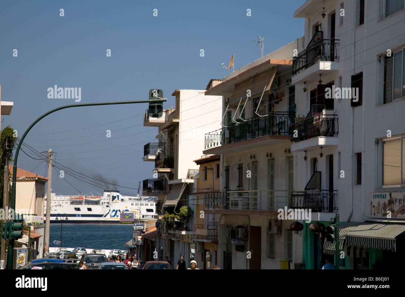 Ferry in Harbour Street Scene Vathy Samos Greece Stock Photo - Alamy