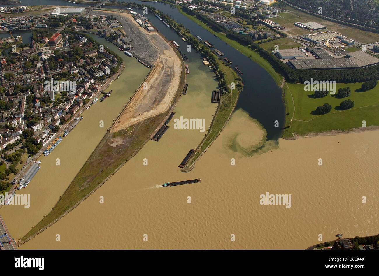 Aerial photograph, brown Rhine River flood water from the alpine region ...