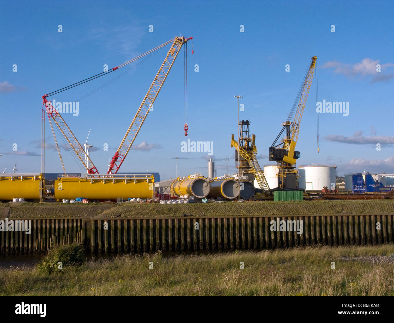 Solway Firth estuary windmill sections on the Workington docks awaiting ...