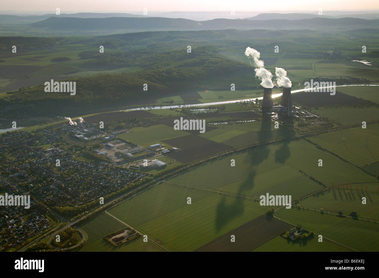 Aerial photograph, AKW, Atomkraftwerk, atom power plant, Weser, shadows ...