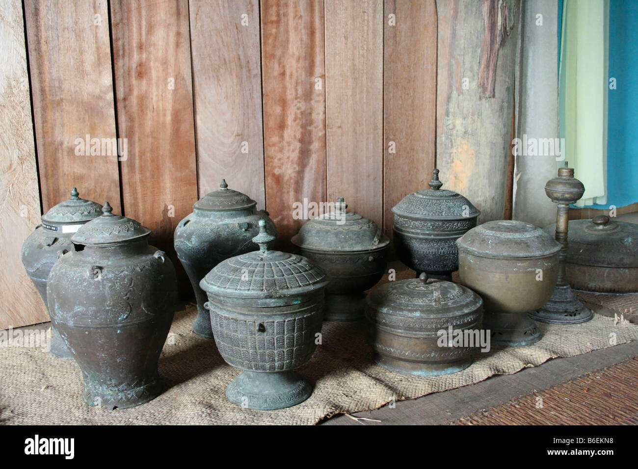 Brass containers on display in native home in Sarawak, Malaysia Stock ...