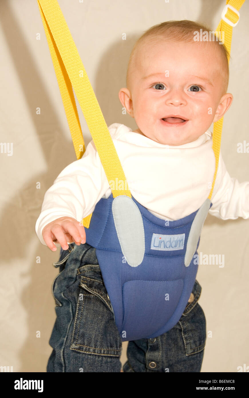 Baby Boy Joshua Kailas Hudson Playing in Baby Bouncer Cut Out on White ...