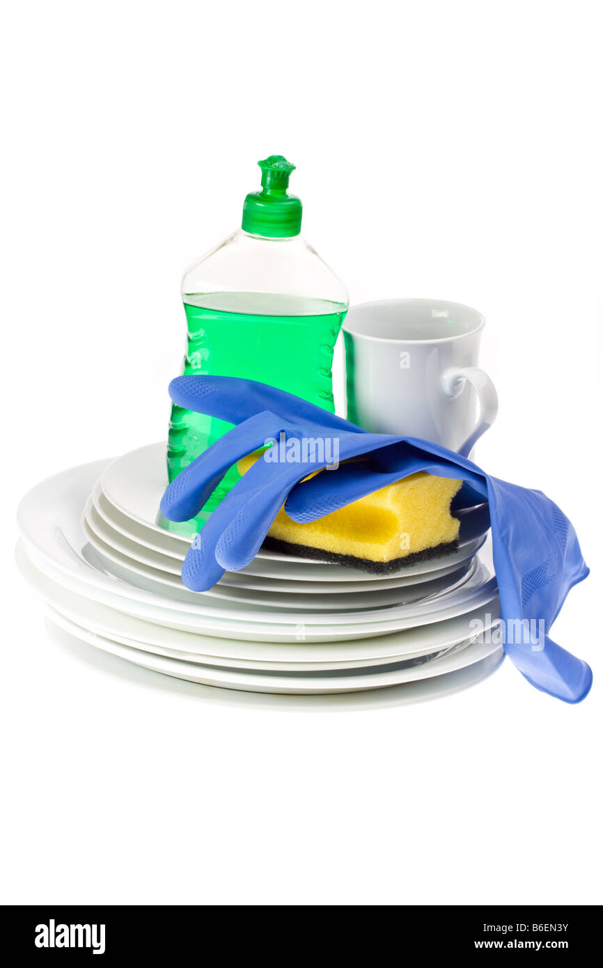 dinnerware and cleaning utensils isolated on white background Stock ...