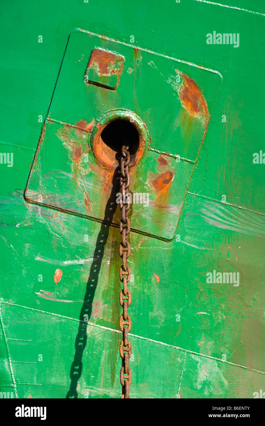 Old ship's bow with anchor chain, Hvide Sande, North Sea, Denmark ...